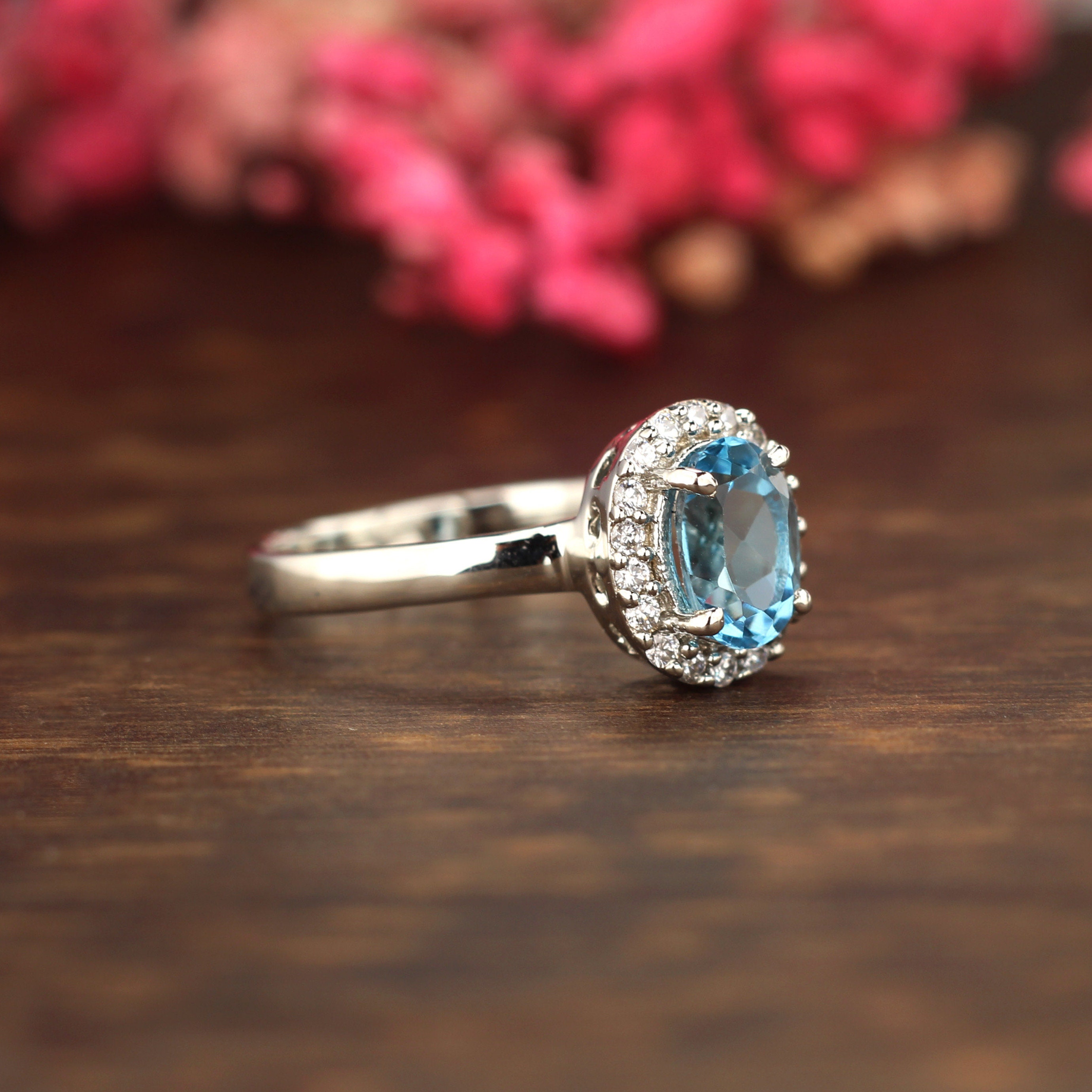 Blue Topaz Oval Cut Halo Ring,classic Wedding Ring,alternative ...