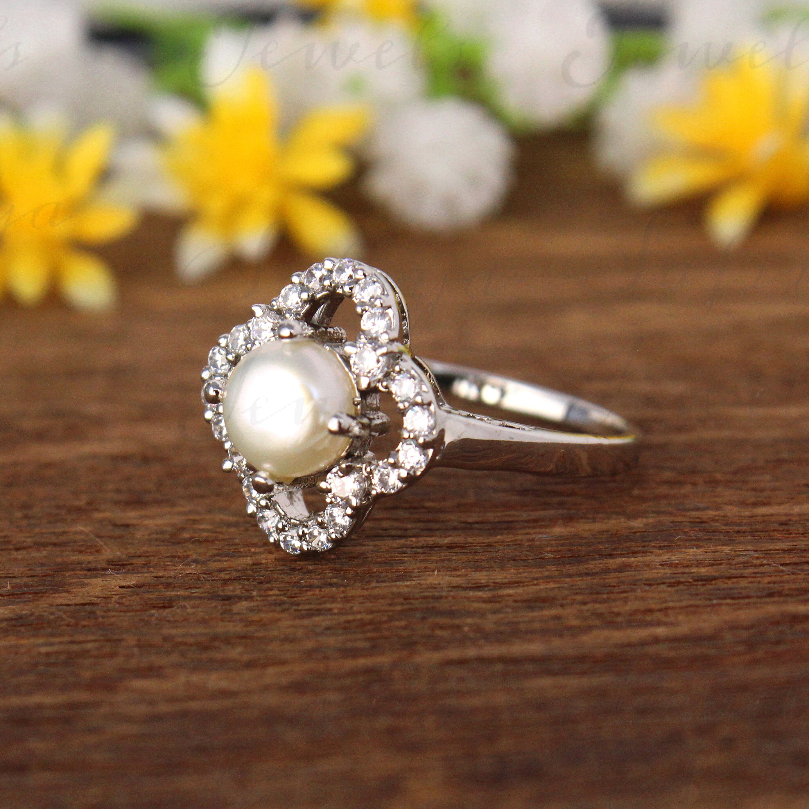 Real Pearl Engagement Band/ Art Deco Genuine Pearl Ring/ Wedding Pearl ...