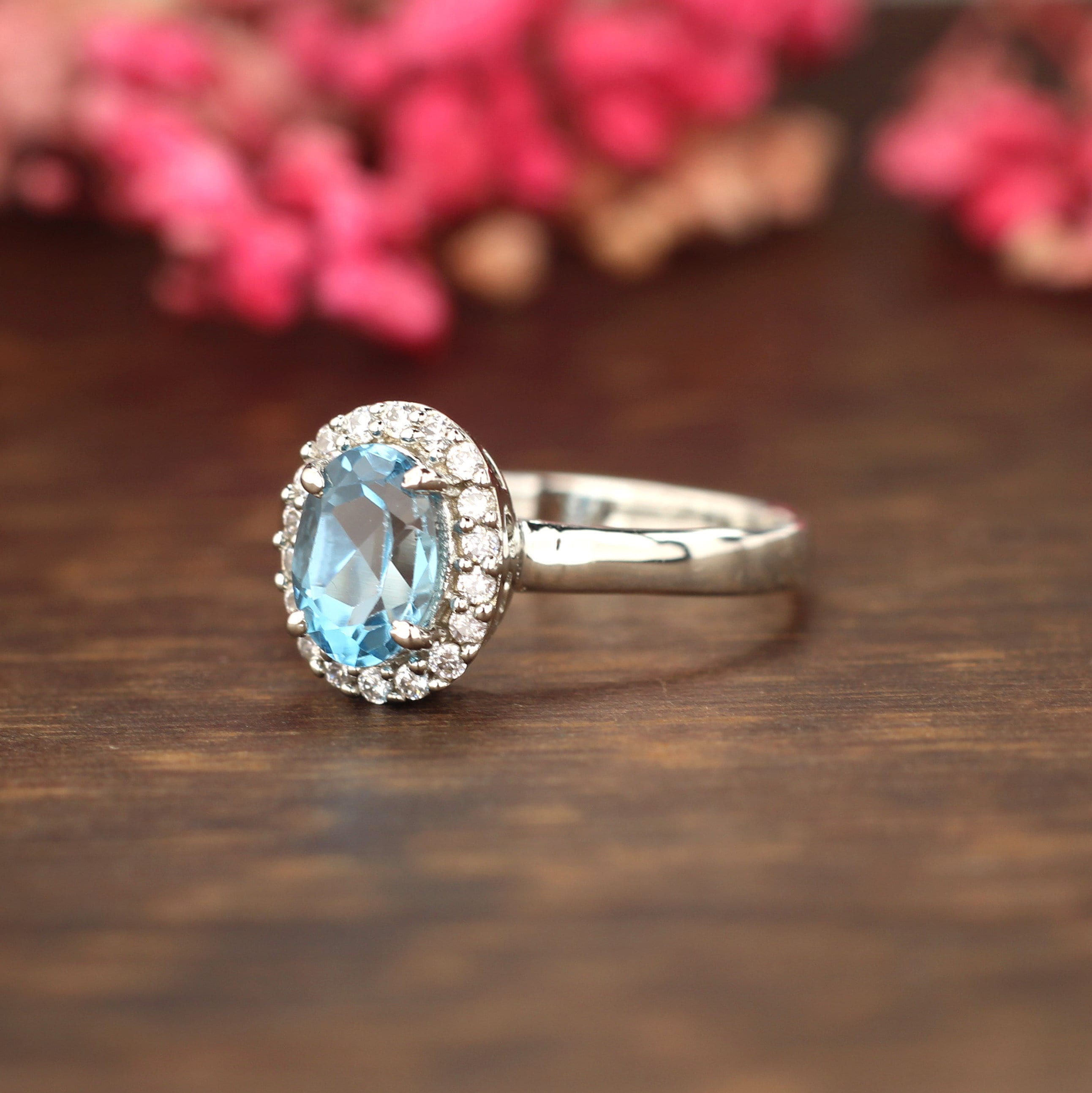 Blue Topaz Oval Cut Halo Ring,classic Wedding Ring,alternative ...