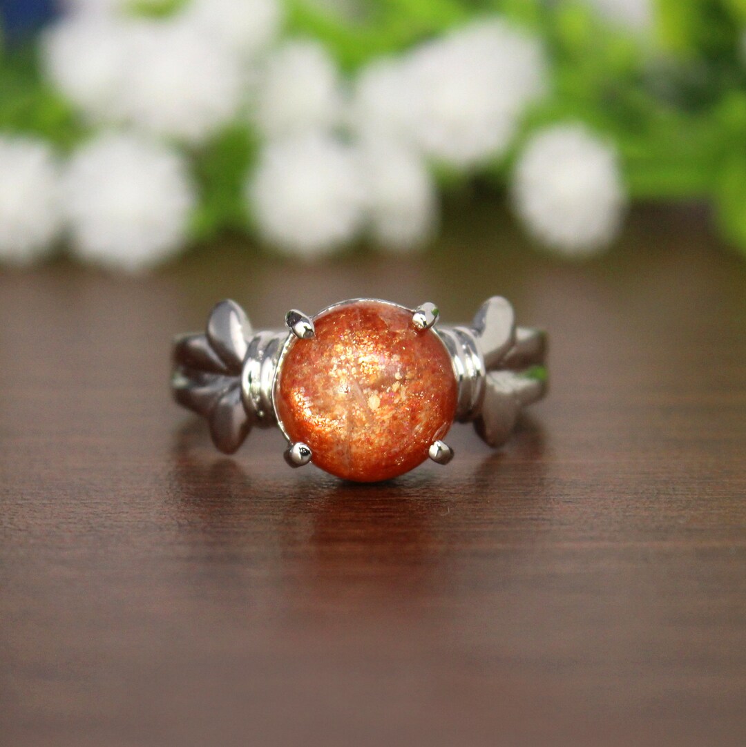 Natural Sunstone Silver Ring, Round Sunstone Cabochon Ring , Healing ...