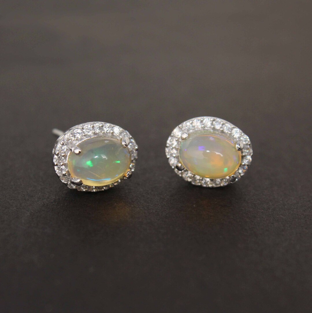 Opal Cluster Studs, Sterling Silver White Opal Halo Earrings,sparkly ...