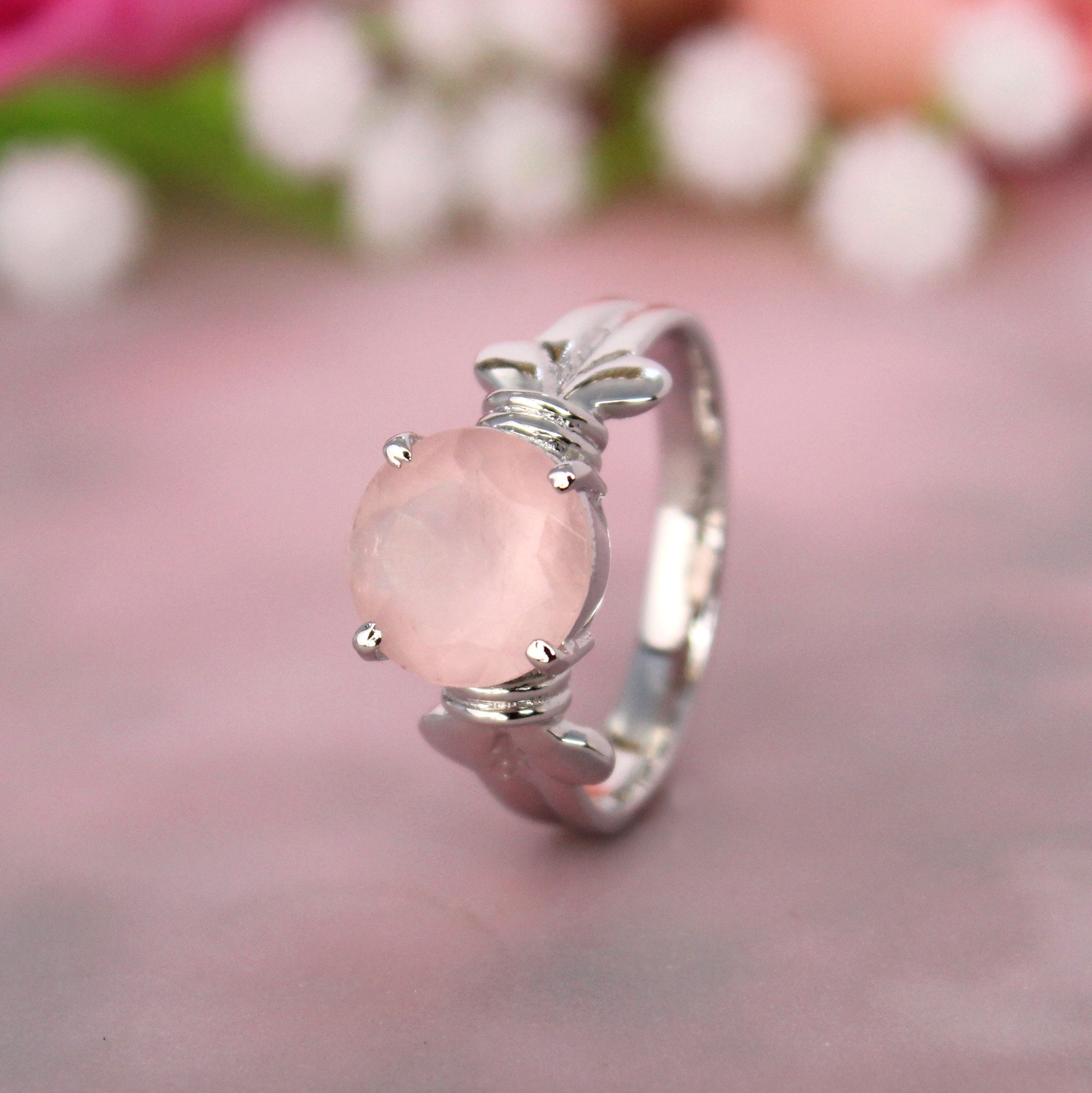 Natürlicher Rosenquarz Ring, Runder Cabochon Rosa Quarz Ring,Frauen ...