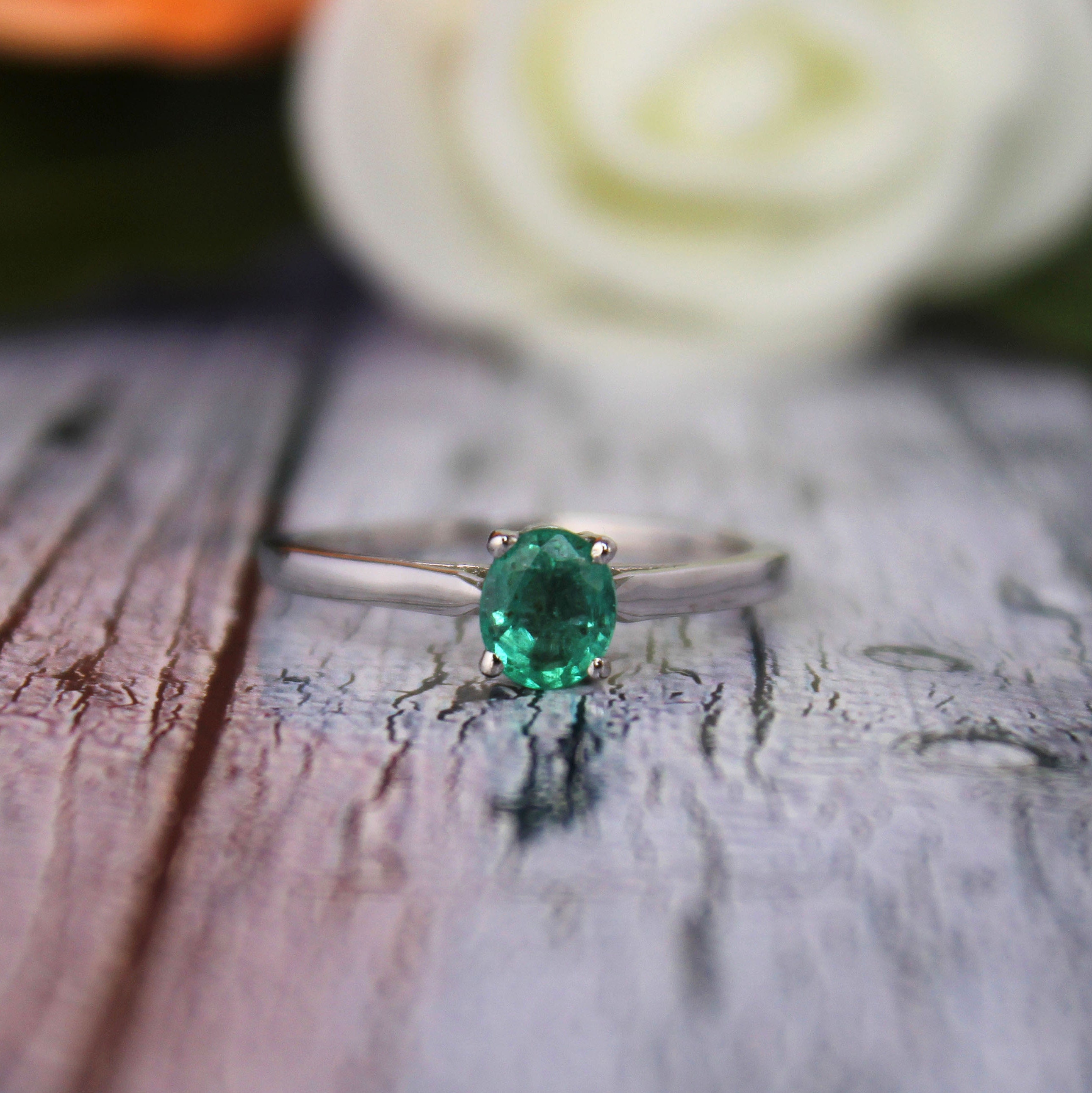 Natural Emerald Stack Ring-Emerald Oval Minimalist Stack Ring | Etsy