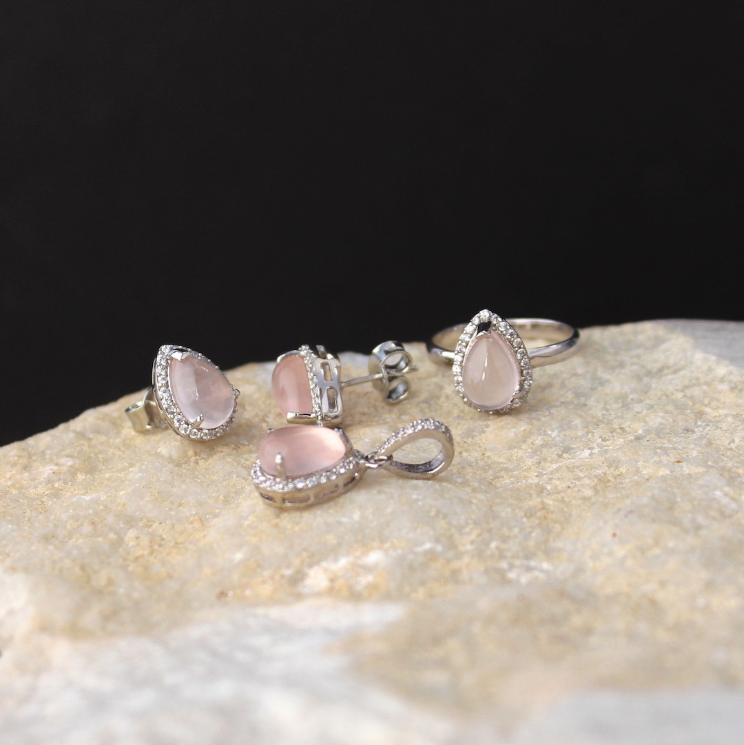 Pink Quartz Teardrop Jewelry Set-bridal Jewellery Set-rose Quartz ...
