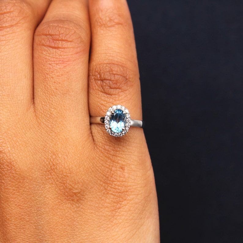 Blue Topaz Oval Cut Halo Ring,classic Wedding Ring,alternative ...