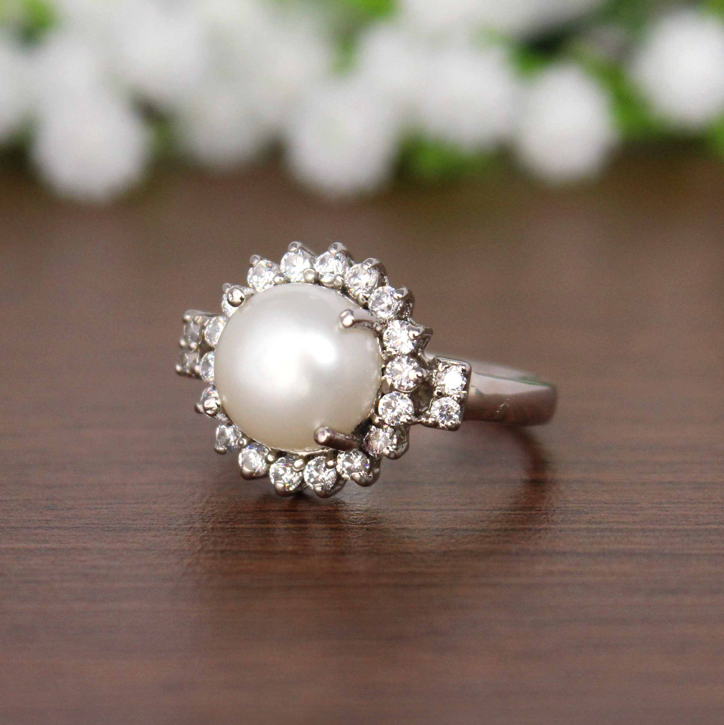 Round Pearl Halo Ring/ Art Deco Genuine Pearl Ring/ Wedding - Etsy