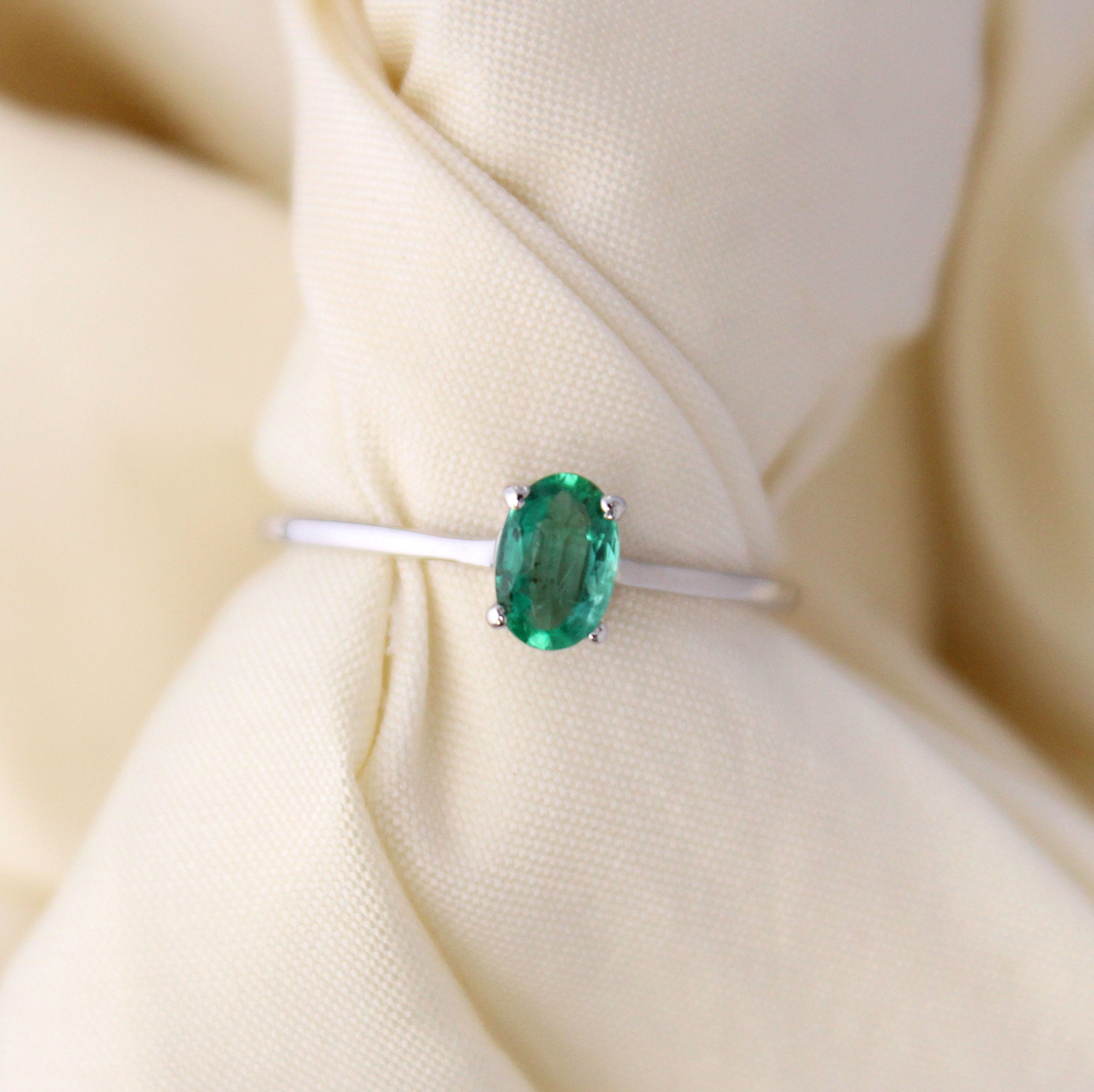 Natural Emerald Silver Ring-Emerald Oval Minimalist Stack Ring | Etsy