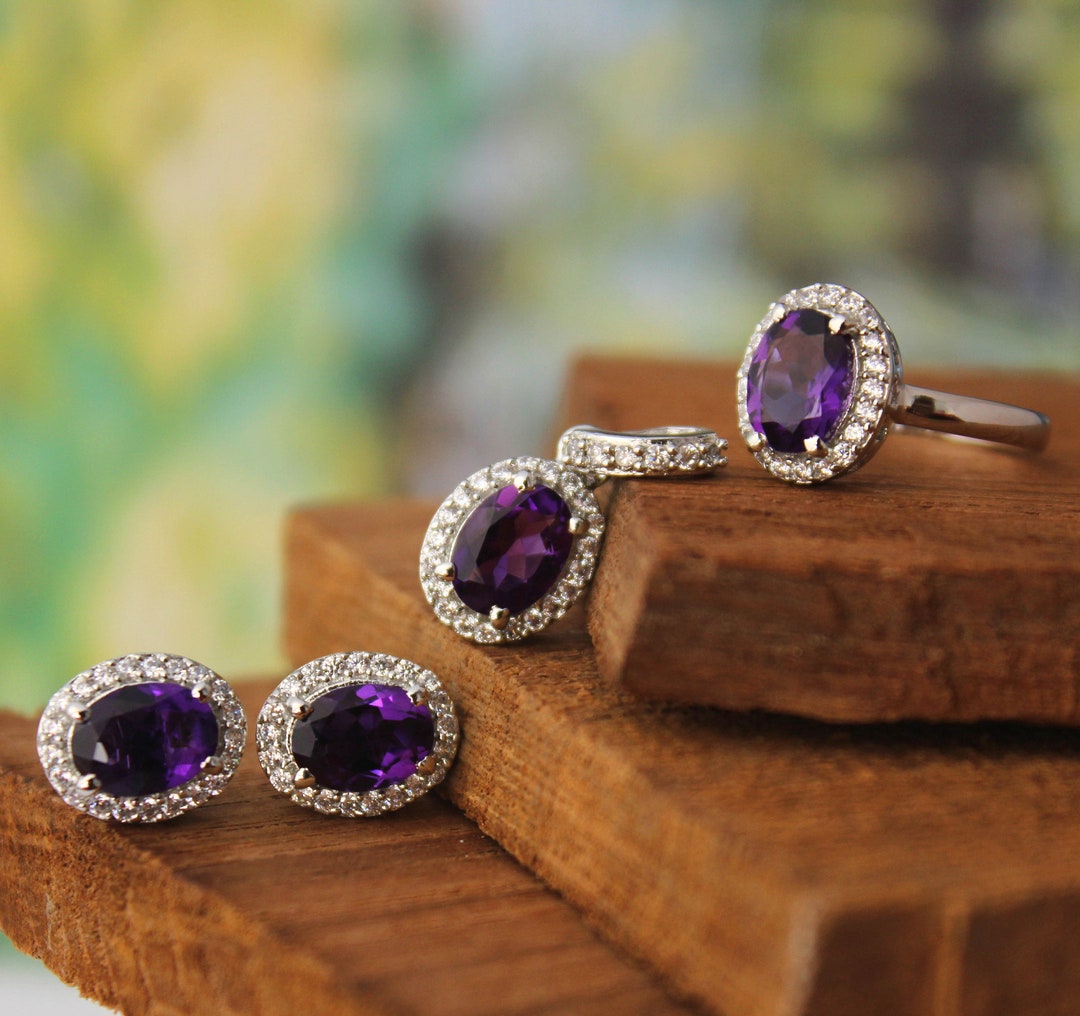 Natural Amethyst Silver Jewellery Set-amethyst Ring Pendant Earring ...