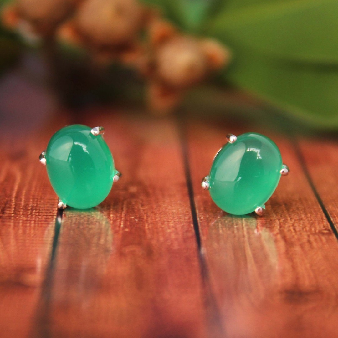 Green Onyx Stud Earrings -green Onyx Cabochon Minimalist 7x9 Mm Stud ...