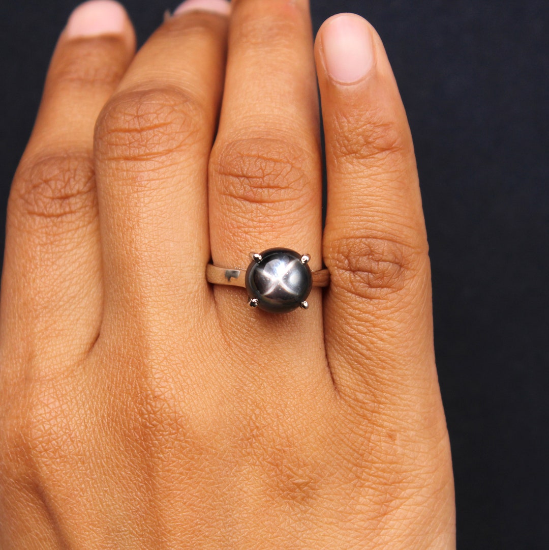 Natural Black Star Sapphire Ring,round Black Sterling Silver Ring ...