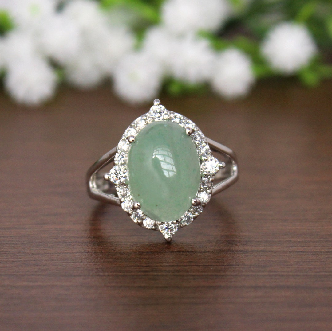 Natural Jade Vintage Ring, Oval Jade Cab Halo Ring,green Jade Cocktail ...