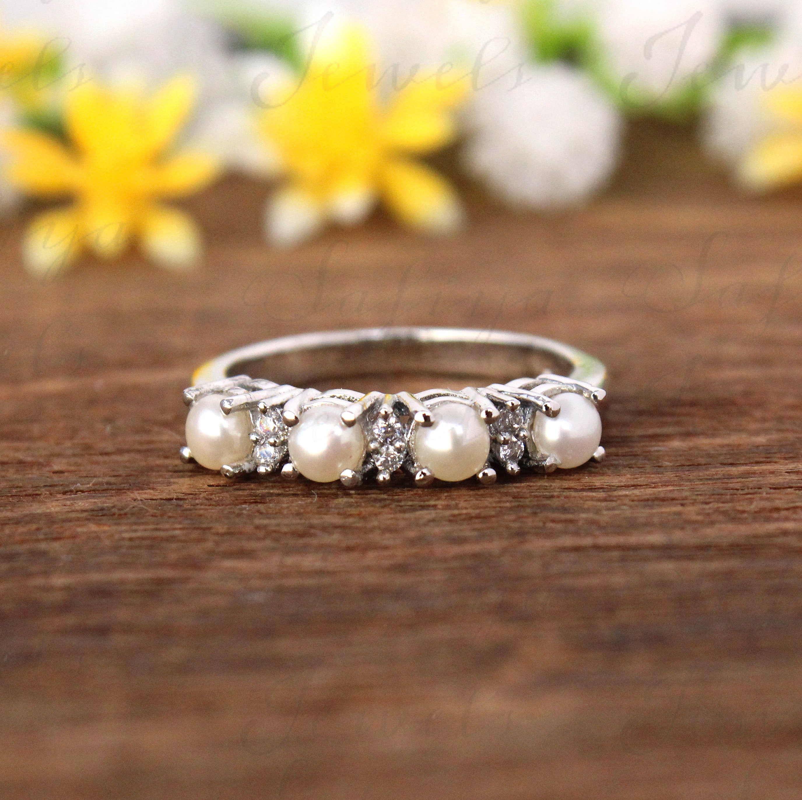 Pearl Engagement Band/ Art Deco Genuine Pearl Ring/wedding Pearl Ring ...