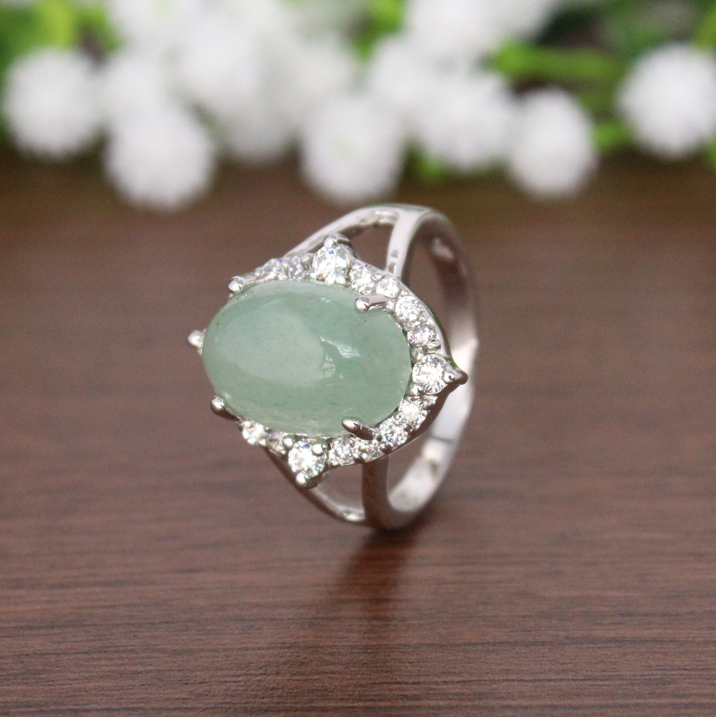 Natural Jade Vintage Ring, Oval Jade Cab Halo Ring,green Jade Cocktail ...
