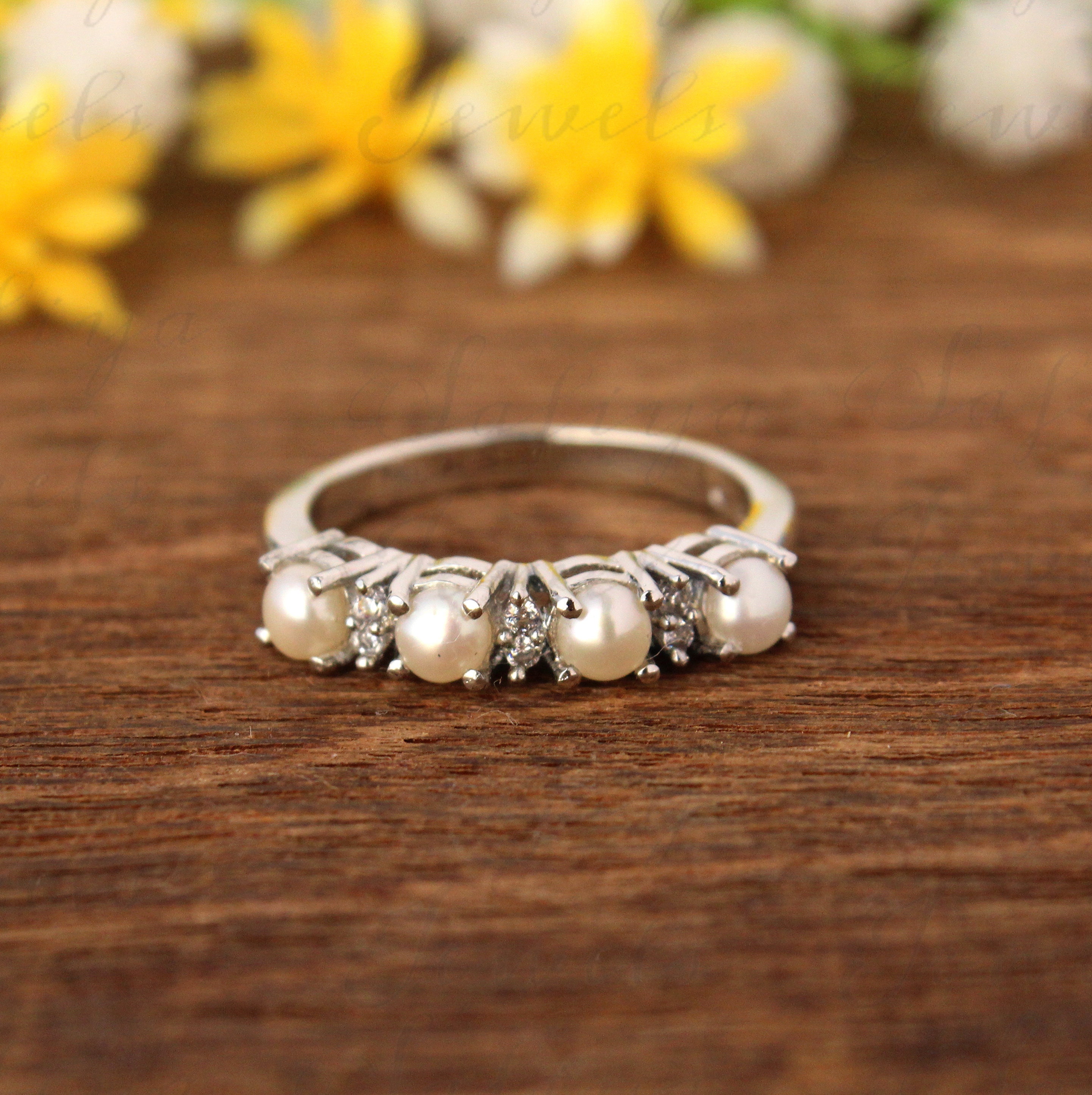 Pearl Engagement Band/ Art Deco Genuine Pearl Ring/wedding Pearl Ring ...