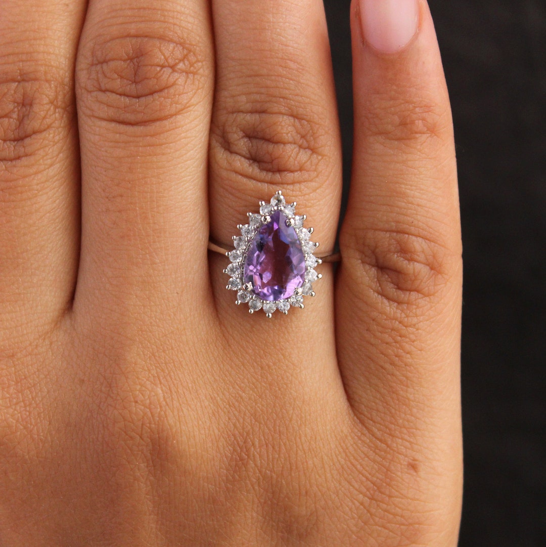 Natural Amethyst Ring-halo Statement Ring-february Birthstone Ring-pear ...