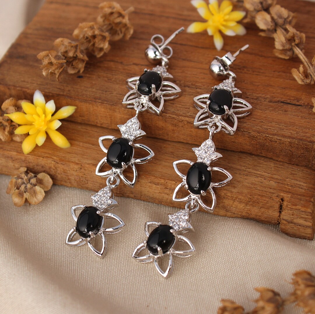 Black Onyx Long Flower Earrings, Ethnic Tribal Silver Earrings, Oval ...