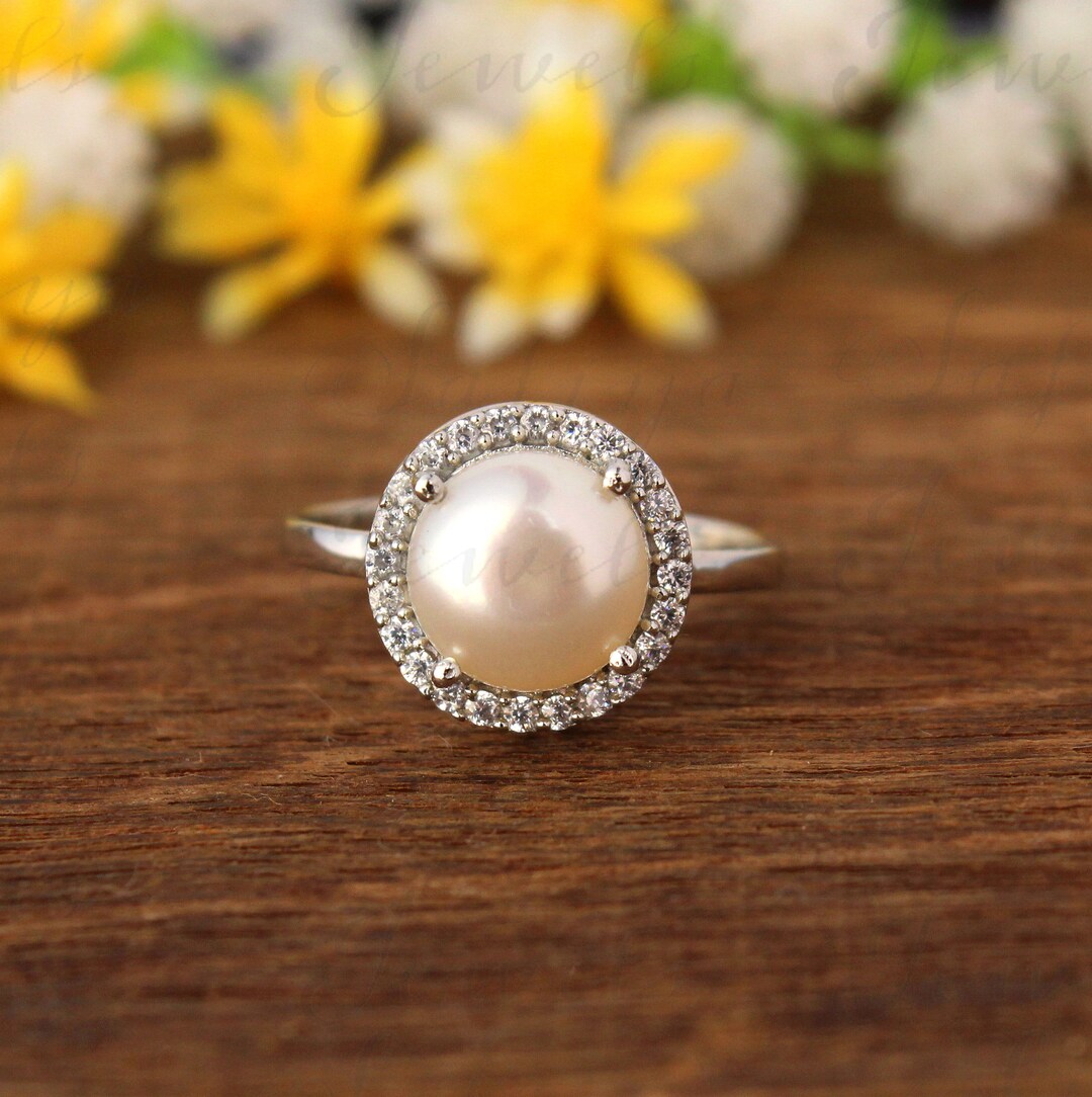 Round Pearl Halo Ring/ Art Deco Genuine Pearl Ring/ Wedding Pearl Ring ...