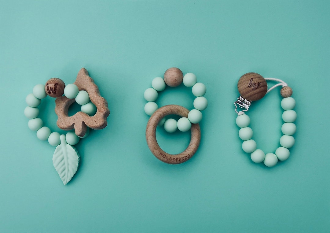 The Mint Leaf Collection Toy Ring . Baby Rattle . Dummy Clip - Etsy UK