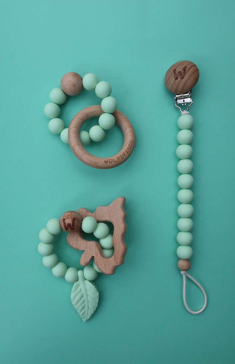The Mint Leaf Collection Toy Ring . Baby Rattle . Dummy Clip - Etsy UK
