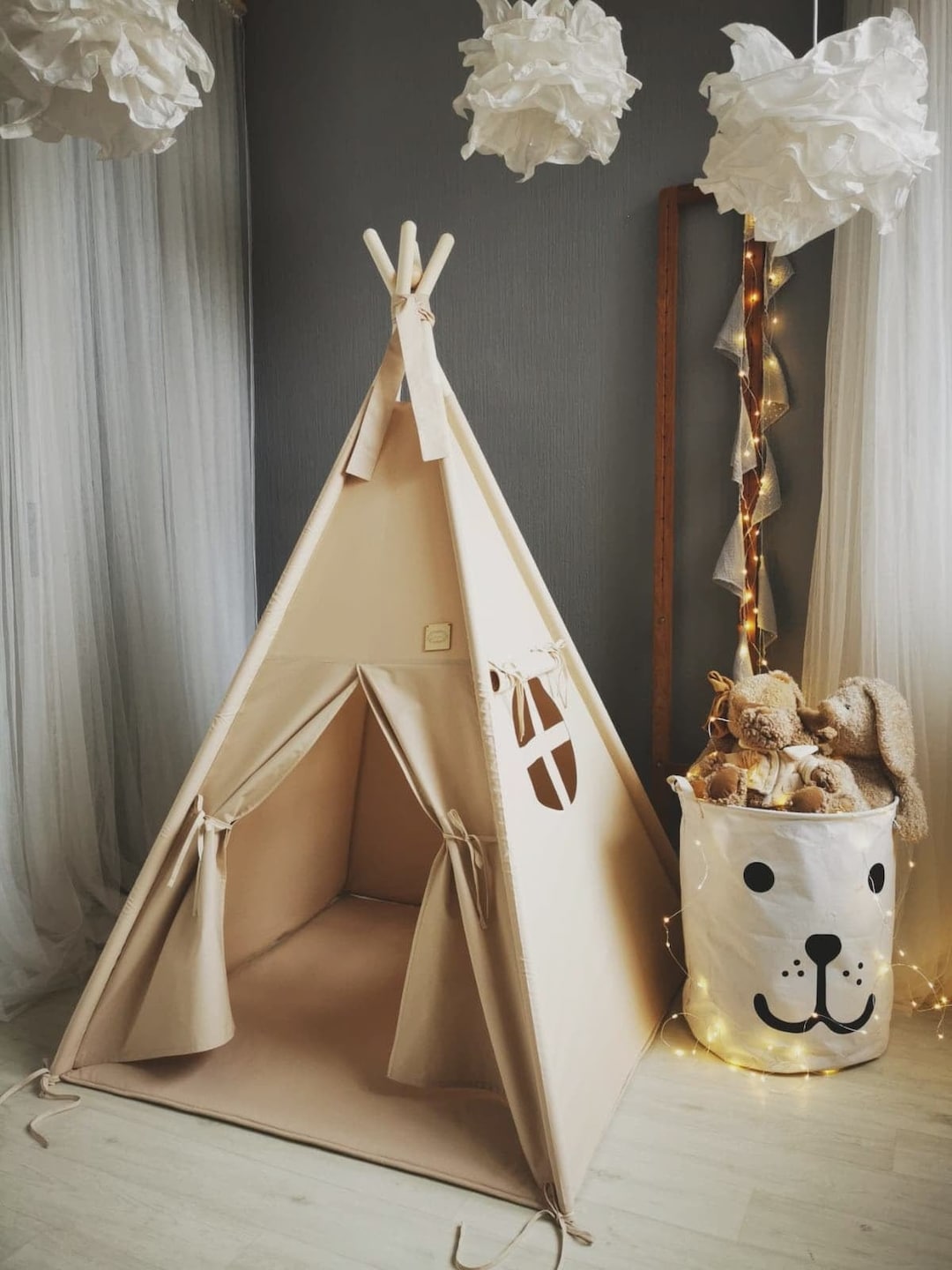 BOHO Teepee for Kids Nursery, BEIGE Tipi Tent, Neutral Wigwam for Baby ...