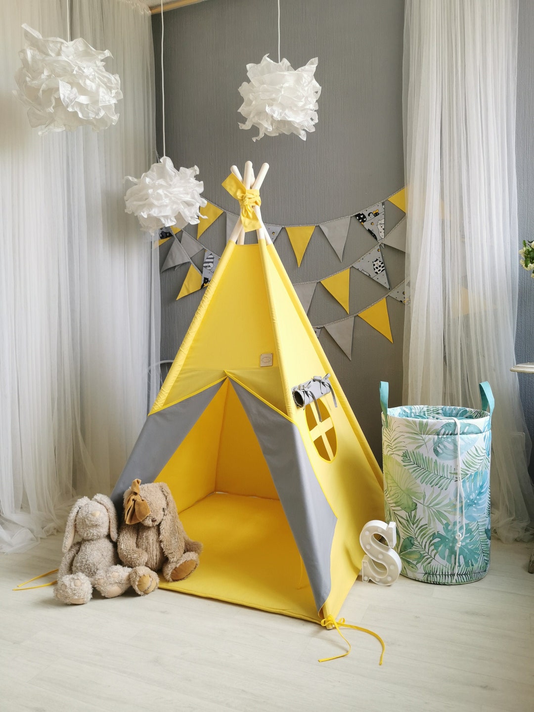 Yellow and Gray Teepee Set, Tipi Set With Padded Mattress, Wigwam With ...