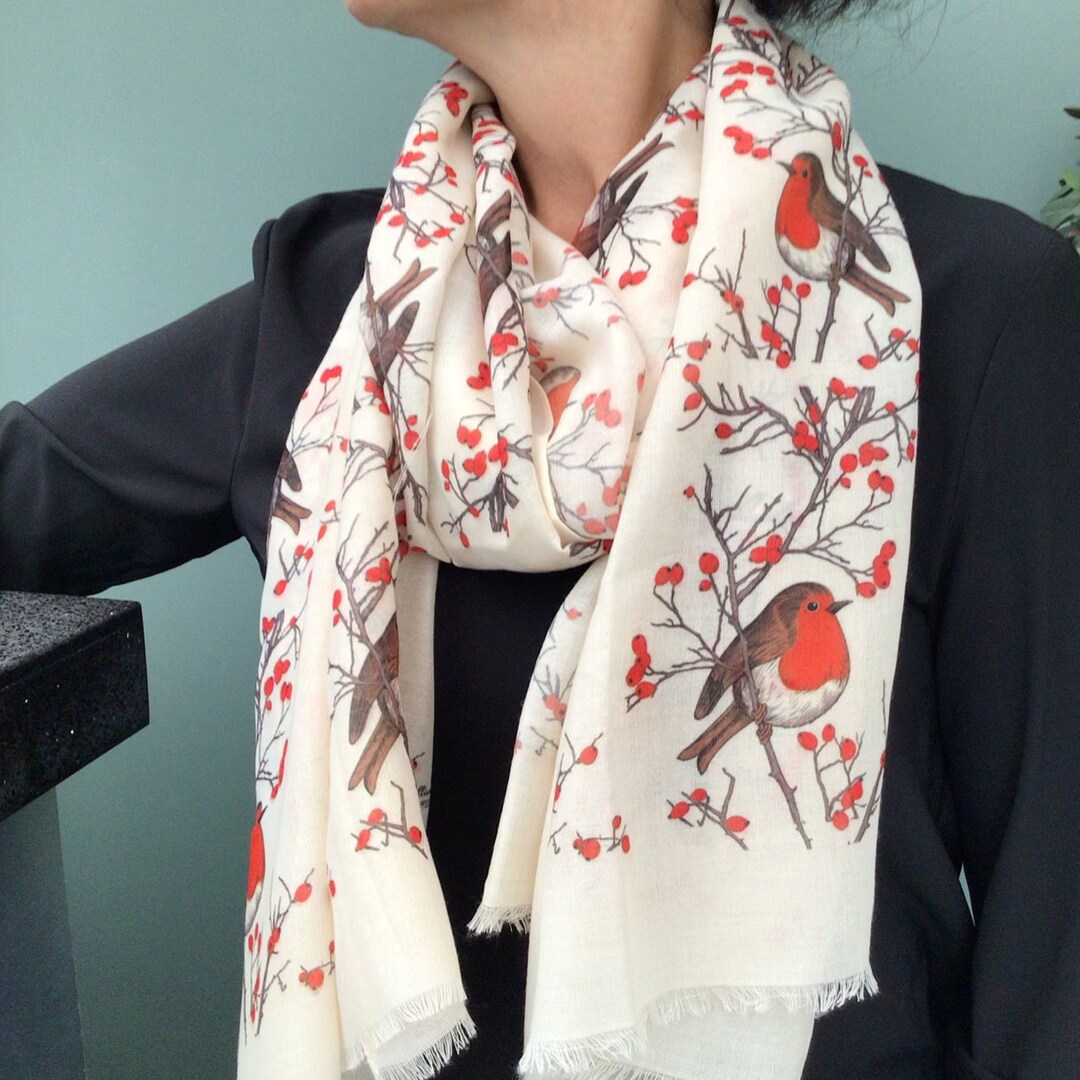 Christmas Robin Print Scarf in Gift Box - Personalised Hand Printed ...
