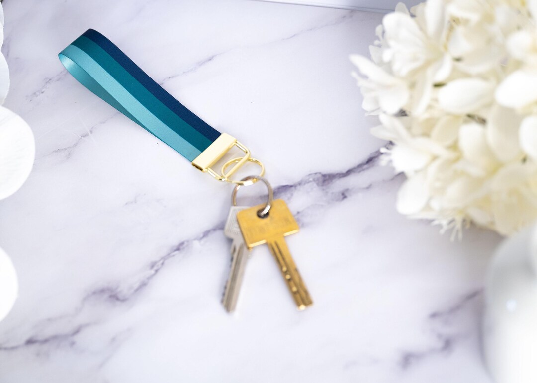 Navy, Blue and Teal Stripe Design Handmade Wristlet Keyring, Wrist ...