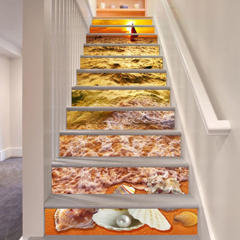 3D S64 Sunset Beach Pattern Tile Marble Stair Risers - Etsy