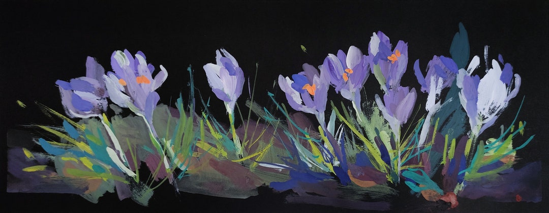 Floral Original Gouache Spring Painting "booming Crocuses", 14x36 Cm ...