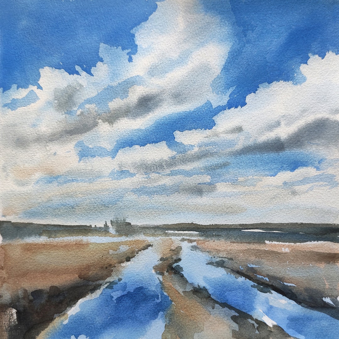 Landscape Original Watercolor Sketch Painting late Summer Sky 23x23 Cm ...