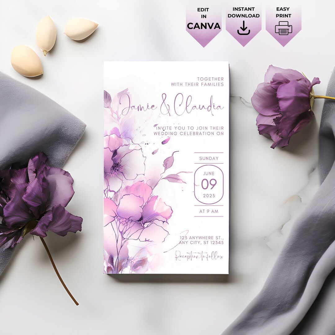 PURPLE Wedding Invitation Template Purple Flowers Wedding - Etsy