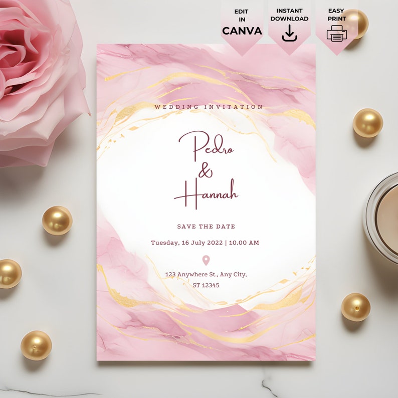 Marble Old Pink Wedding Invitation Template Pink Flowers Wedding ...