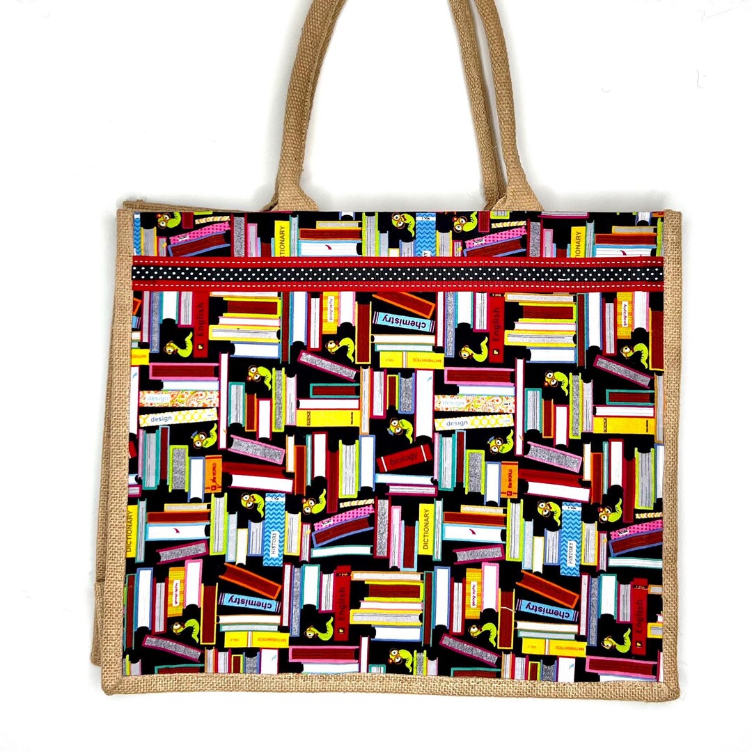 Tote Bag Sturdy Jute Versatile Colorful Book Stack Fabric Design Red ...
