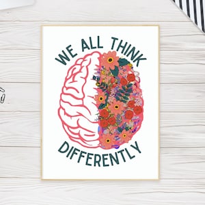 We All Think Differently Poster Brain Wall Art Therapist Art Inclusive ...