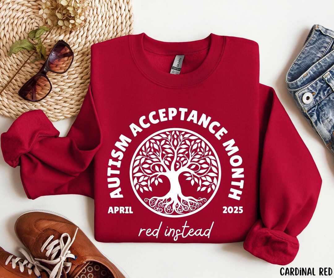 Red Instead Tree of Life Autism Acceptance Month Gildan Crewneck ...