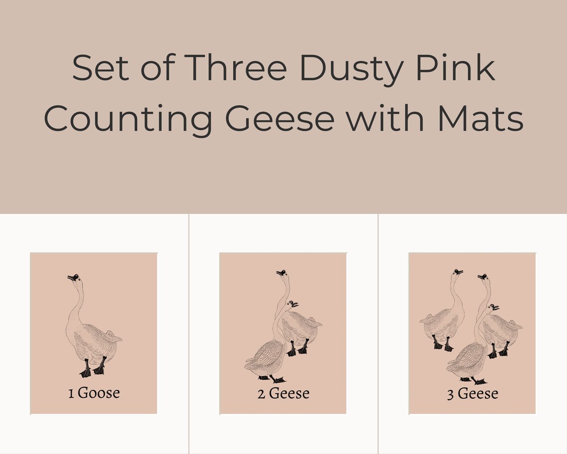 Set of 3 Dusty Pink Counting Geese Art Prints, With Mats, for Child's ...