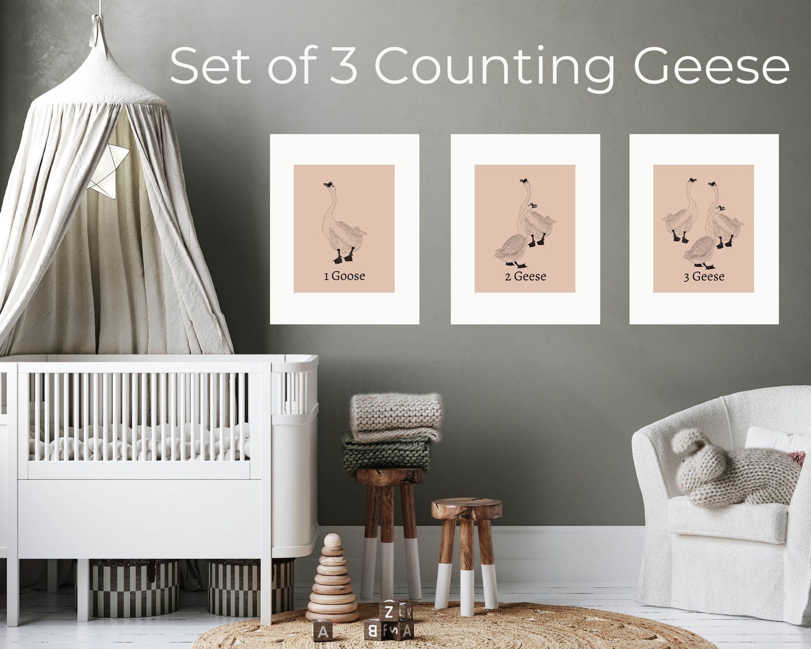 Set of 3 Dusty Pink Counting Geese Art Prints, With Mats, for Child's ...
