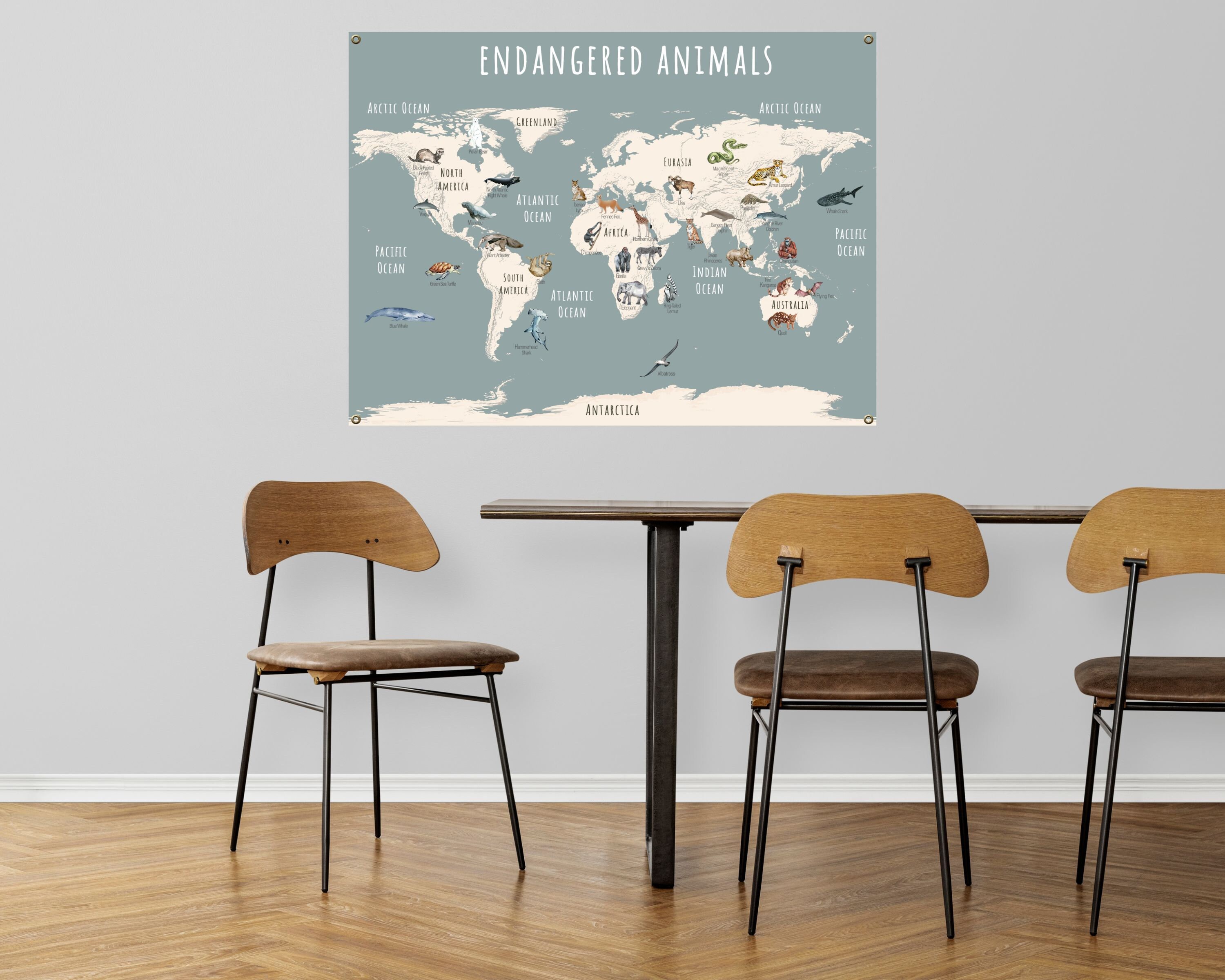 Endangered Animals Map in Aqua With Brass Grommets for Nurseries ...