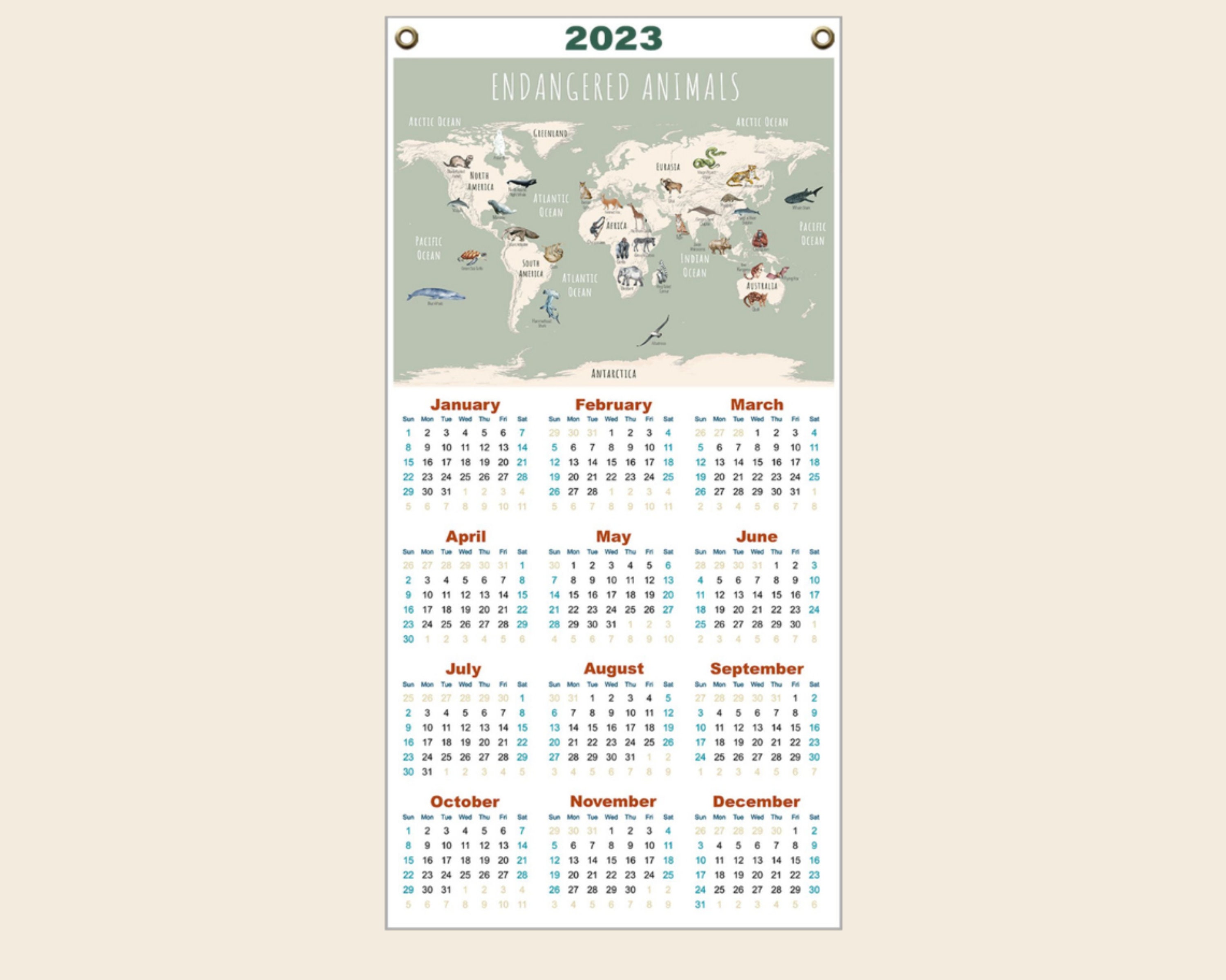 Endangered Animals World Map 2024 Calendar on Fine Art Canvas for ...