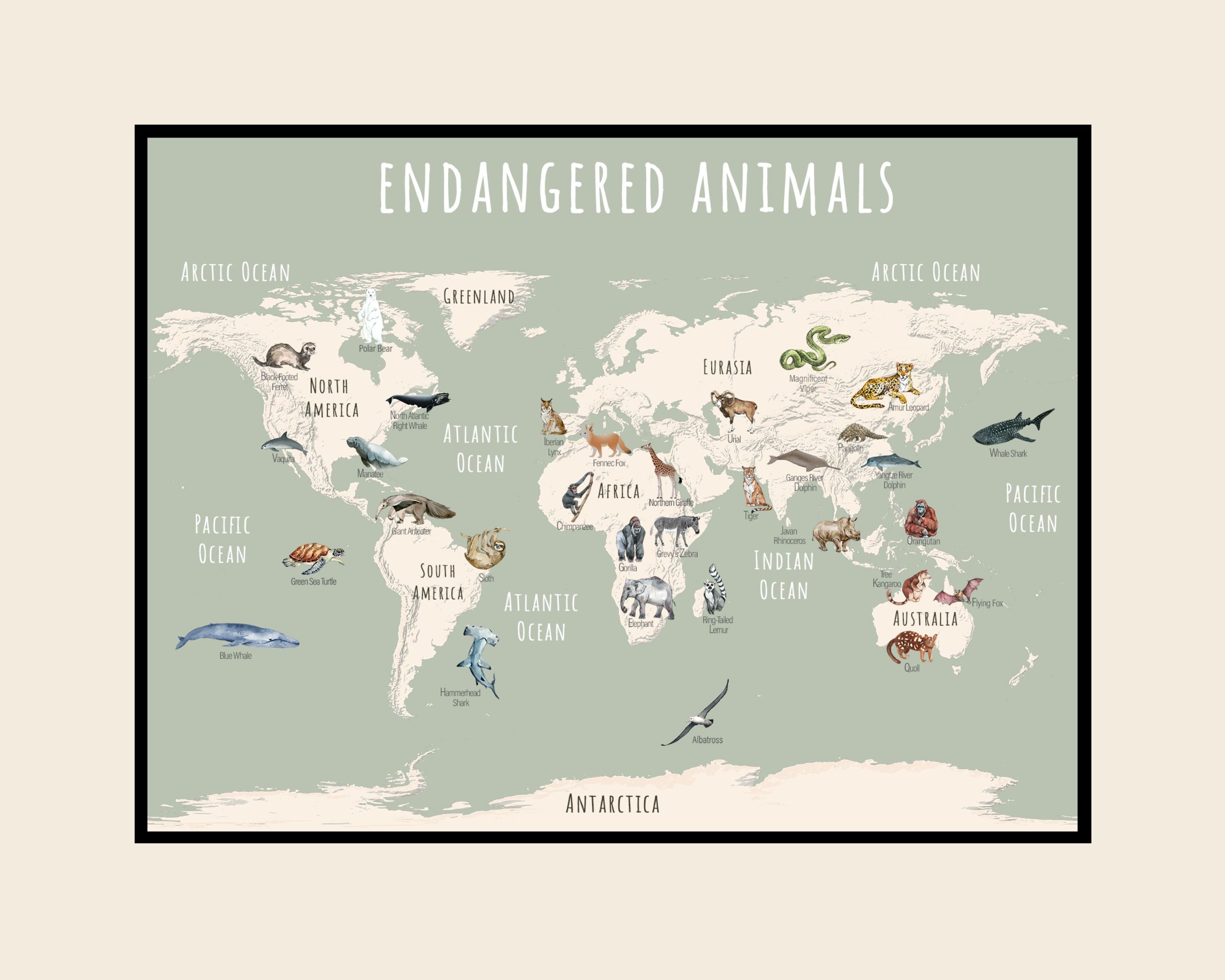 Endangered Animals Poster on Fine Art Paper, in Mint Green, for ...