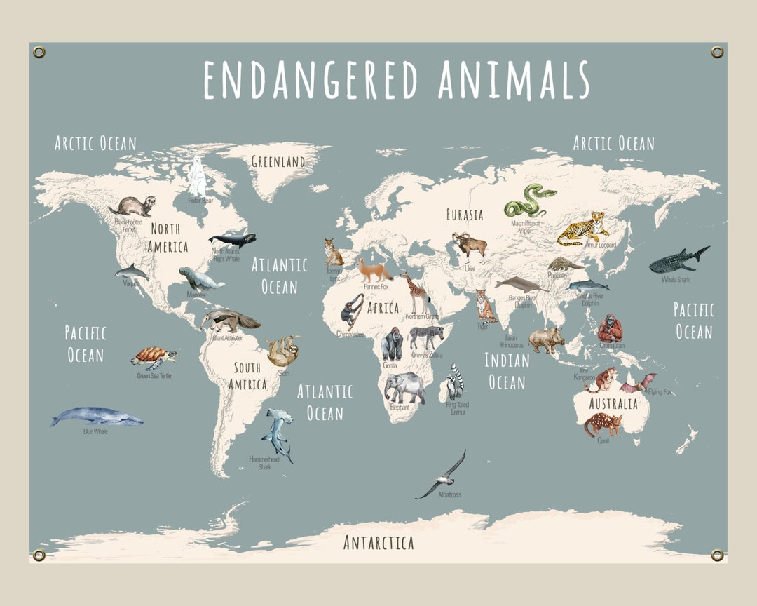 Endangered Animals Map in Aqua With Brass Grommets for - Etsy