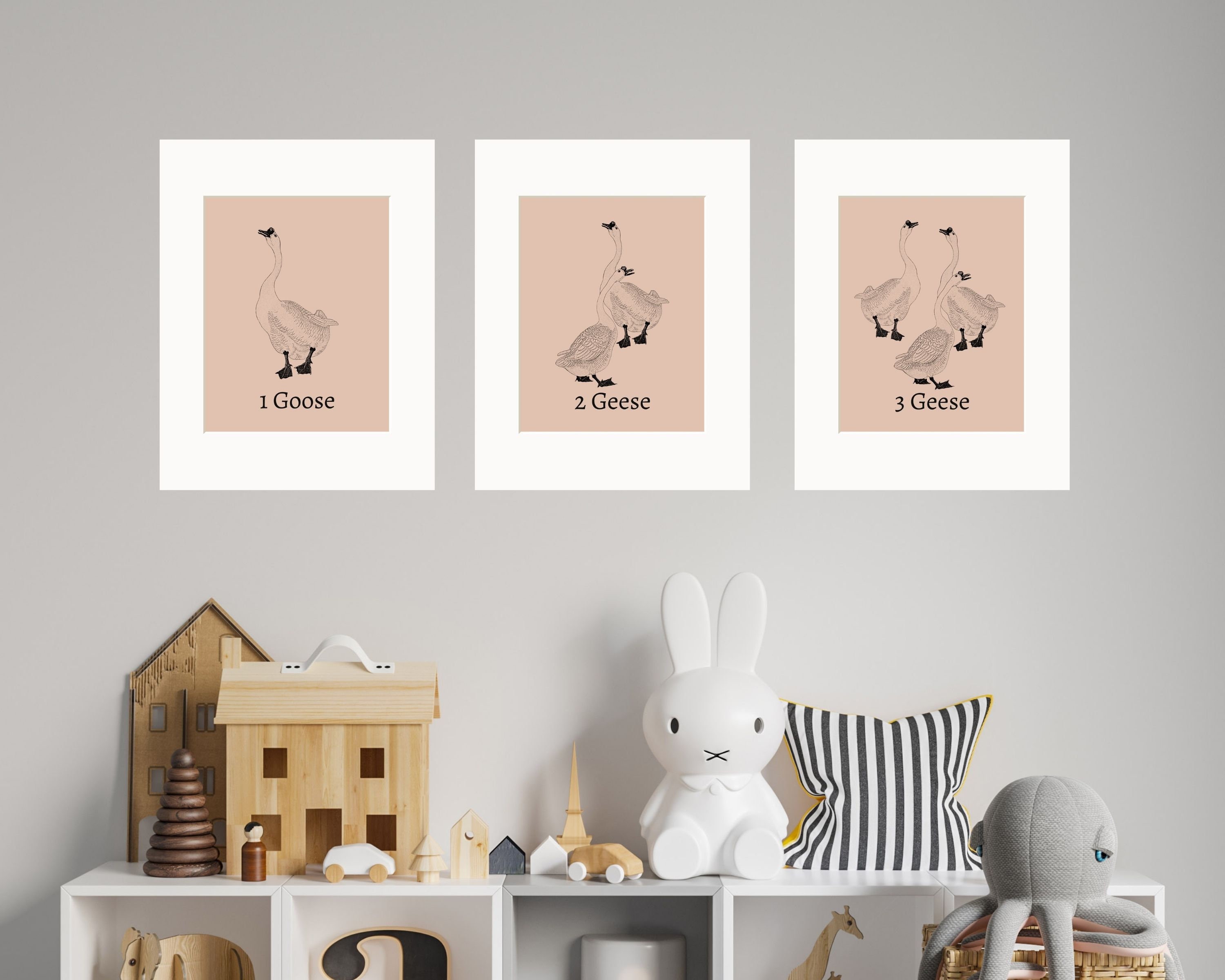 Set of 3 Dusty Pink Counting Geese Art Prints, With Mats, for Child's ...