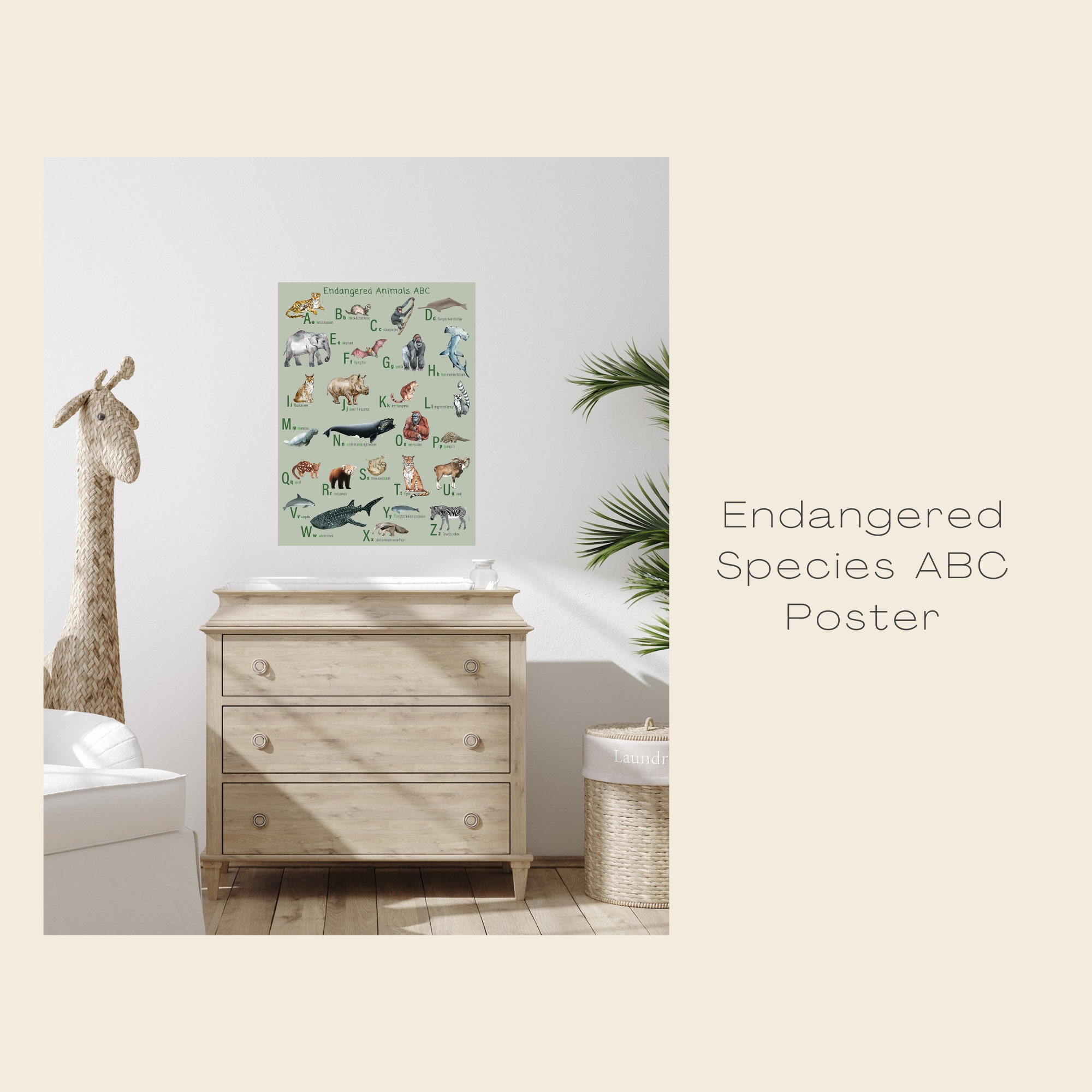 Endangered Animal Alphabet Poster in Mint Green on Fine Art Paper for ...