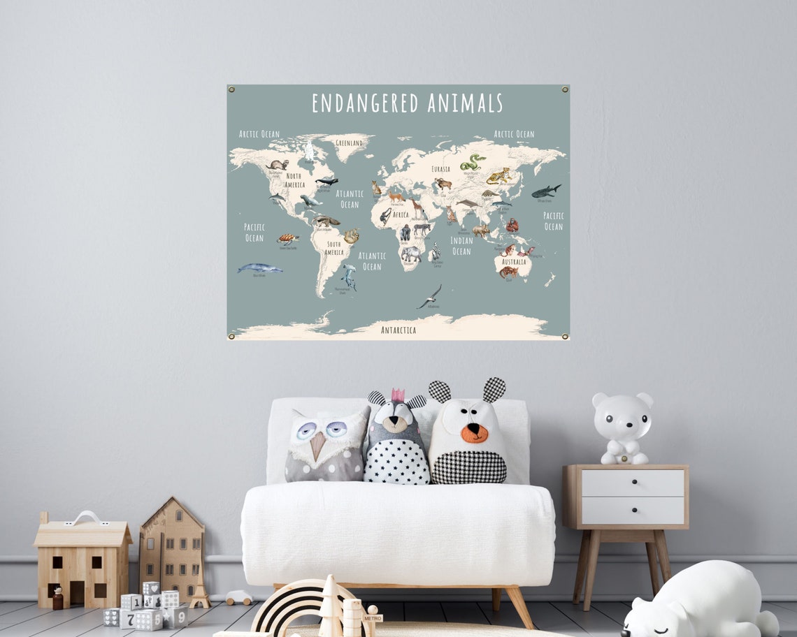 Endangered Animals Map in Aqua With Brass Grommets for Nurseries ...