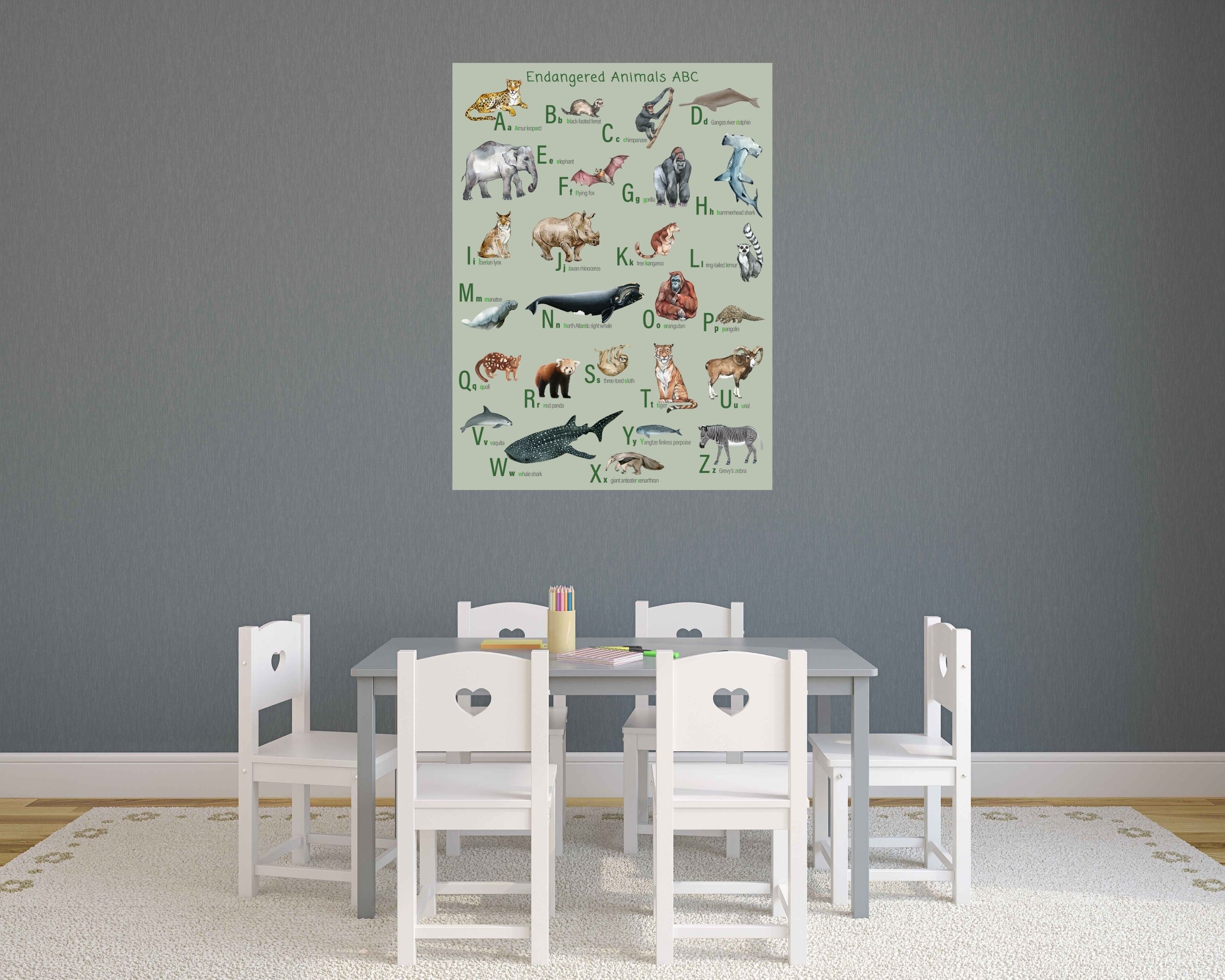 Endangered Animal Alphabet Poster in Mint Green on Fine Art Paper for ...