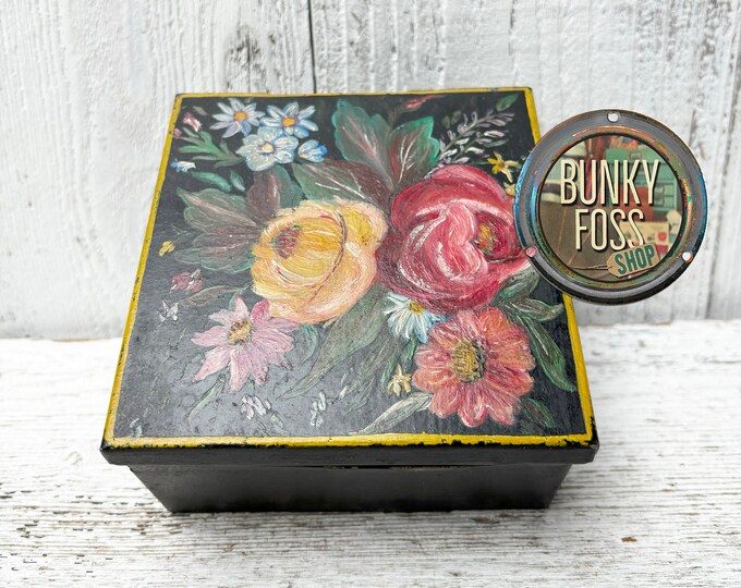 Antique Floral Tole Painted Metal Trinket Box, Tole Painted Box, Metal ...