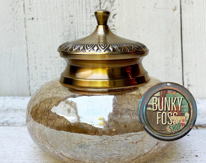Vintage Gold Crackle Glass Jar, Vanity Jar, Crackle Glass, Vintage ...
