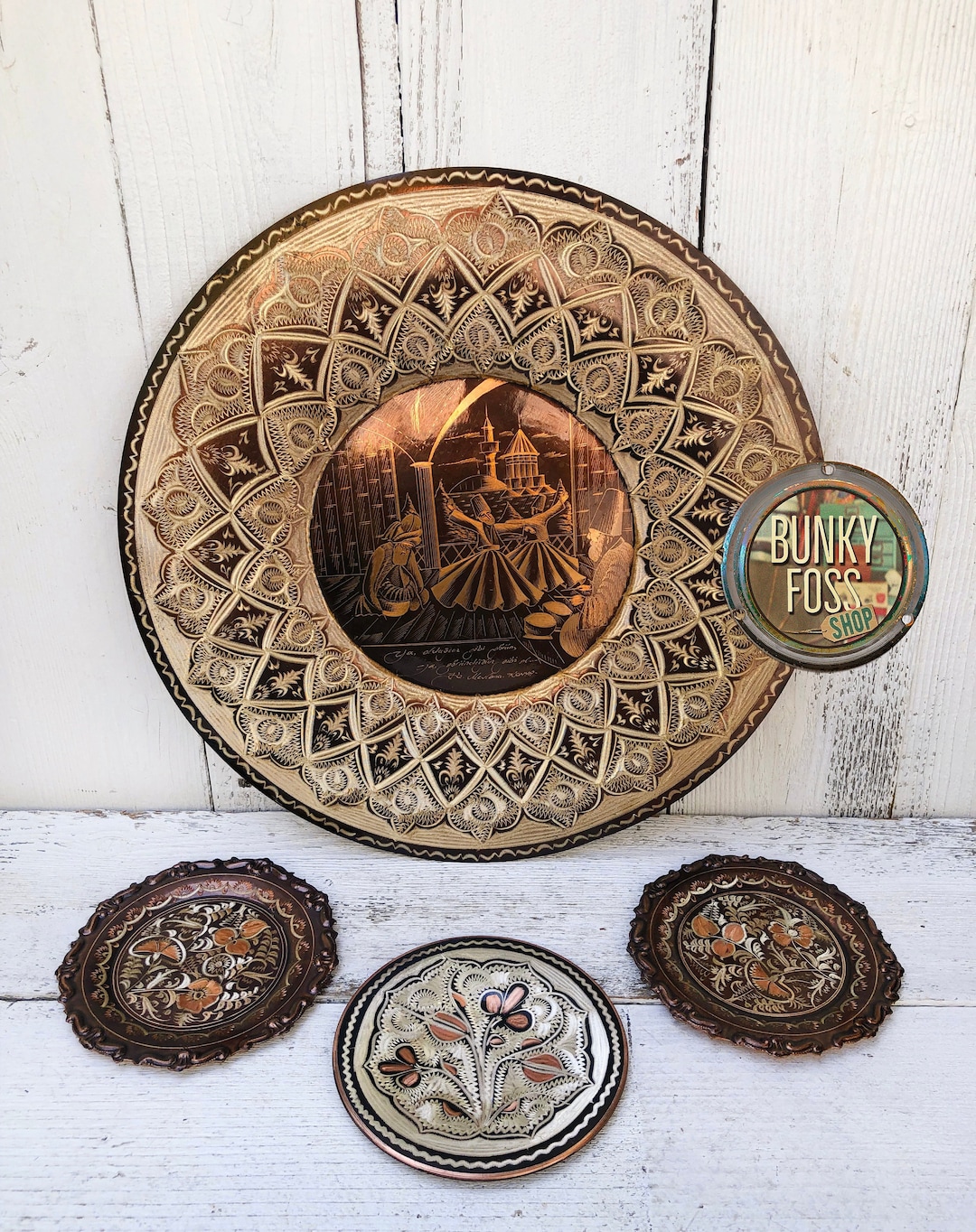 Vintage Etched Turkish Copper Wall Plate Set, Turkish Copper Plates ...