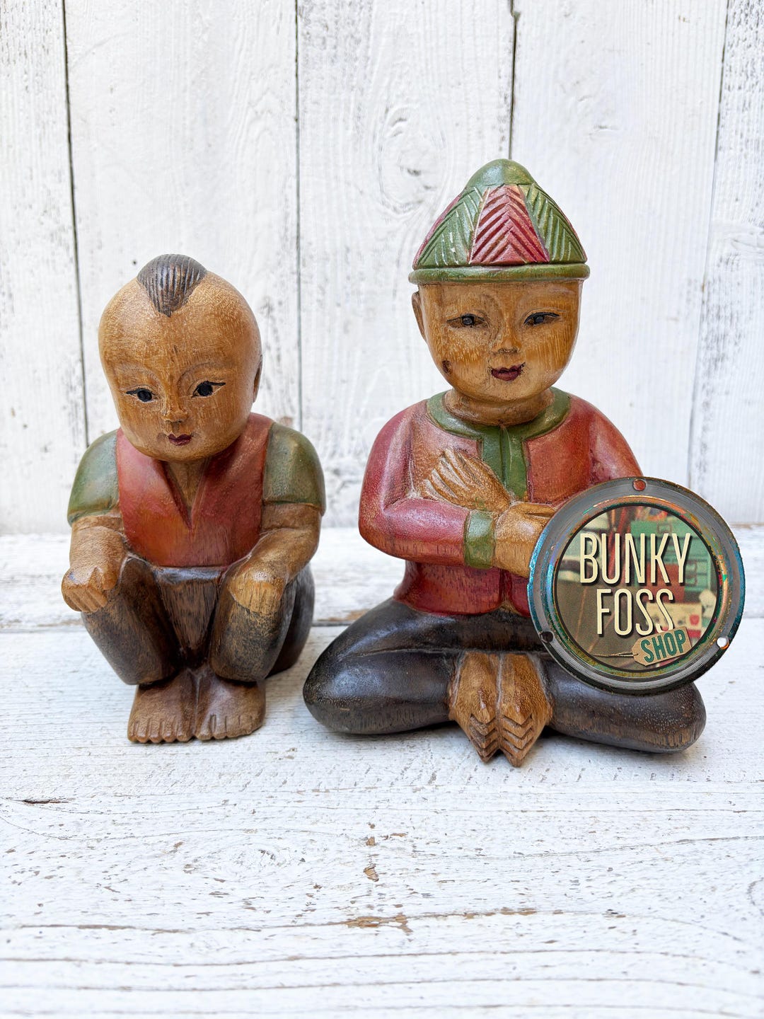 Vintage Asian Hand Carved Wooden Sitting Sculptures, Wooden Sitting ...