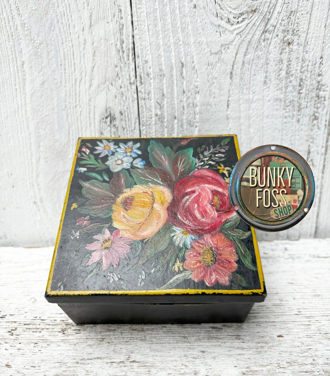 Antique Floral Tole Painted Metal Trinket Box, Tole Painted Box, Metal ...